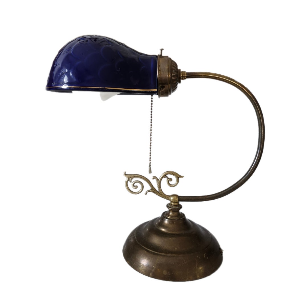 Art Deco Victorian Desk Lamp ,reading Lamp With Unique Blue Glass Shade ...