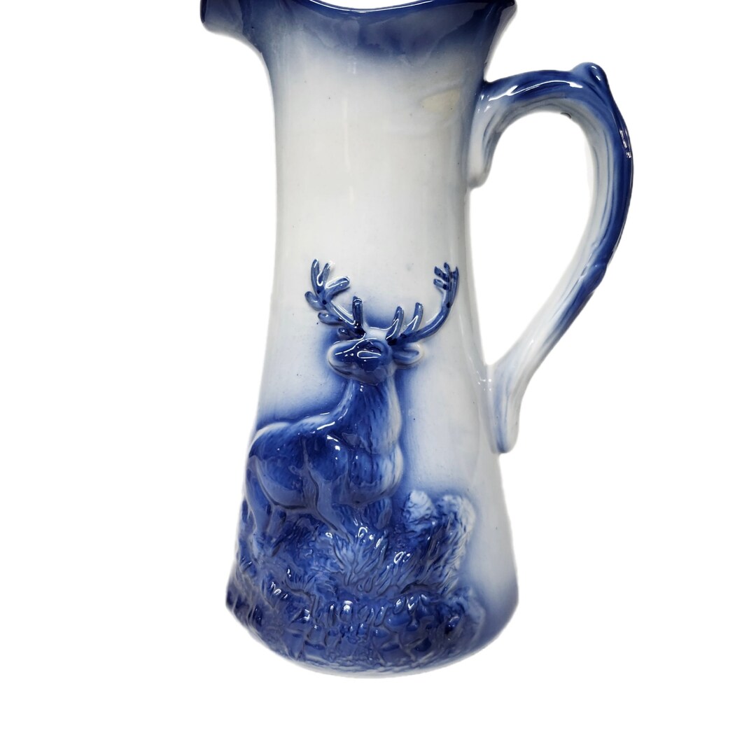 Vintage Victoria Ironstone Pitcher Woodland Theme, Cobalt Blue and Whit ...