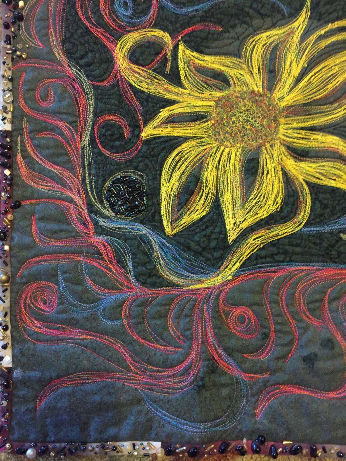 Thread Sketched Floral, Hand Beaded Art Quilt - Etsy