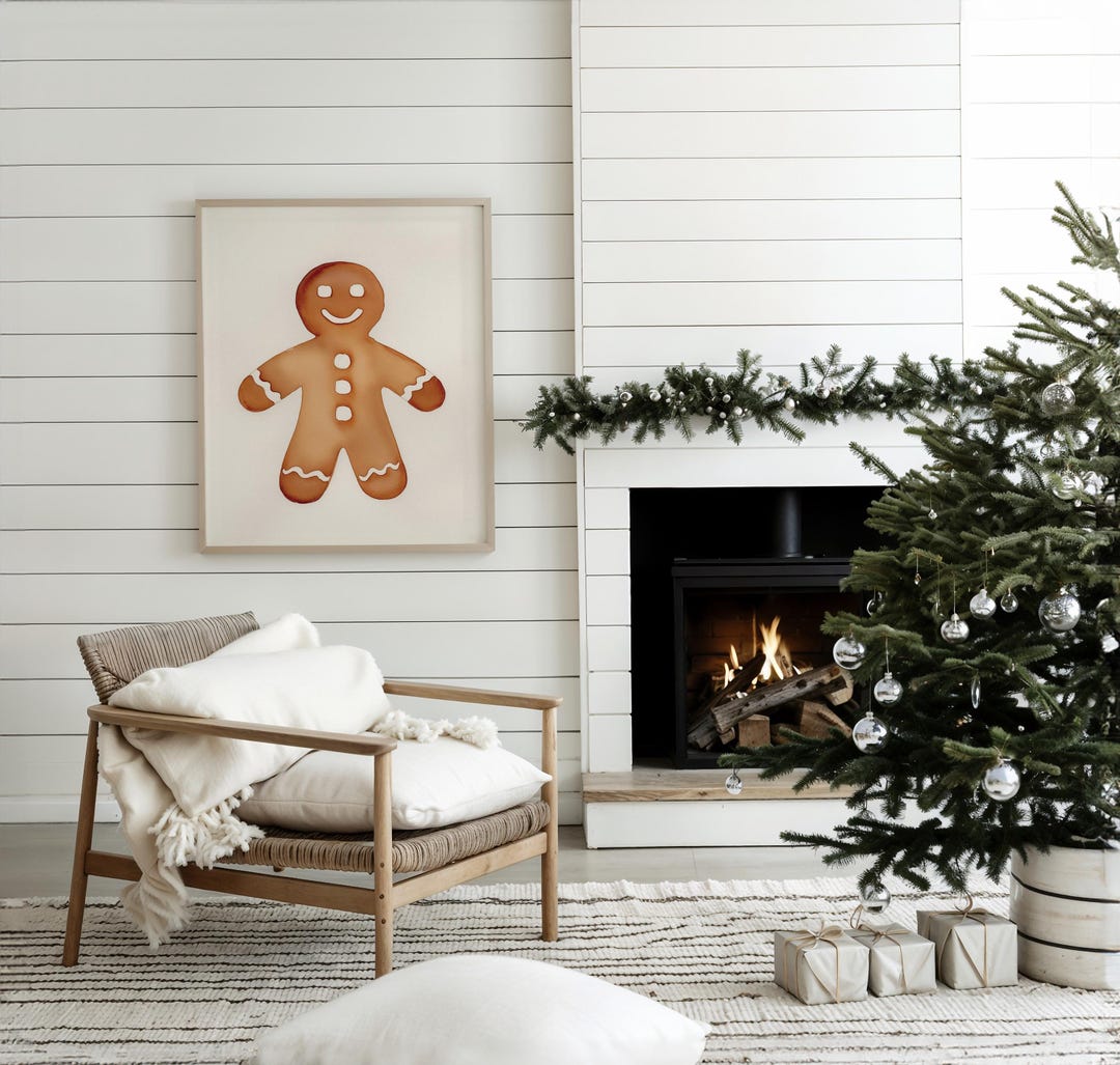 Neutral Watercolor Gingerbread Man Holiday Art, Cute Christmas Decor ...