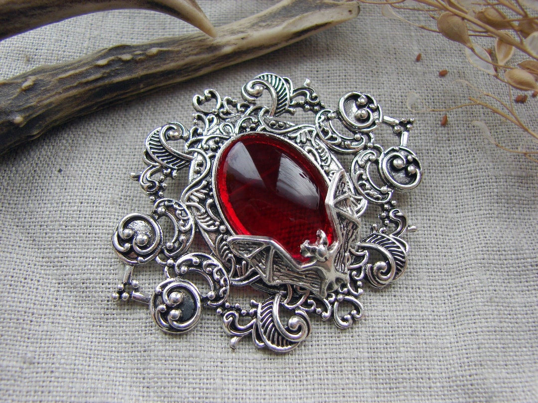 Ruby Red Brooch With Bat, Macabre Glass Silver Filigree Pin, Gothic ...