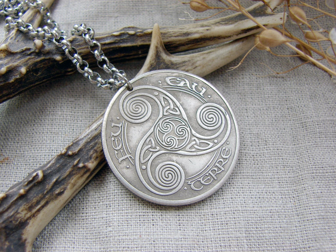 Triquetra Fire Air Earth Coin Pendant, Trinity Knot Feu Eau Terre Hobo Nickel Coin Necklace ...
