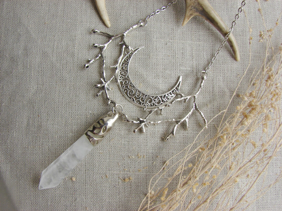 White quartz crescent moon branches necklace witch pendant | Etsy