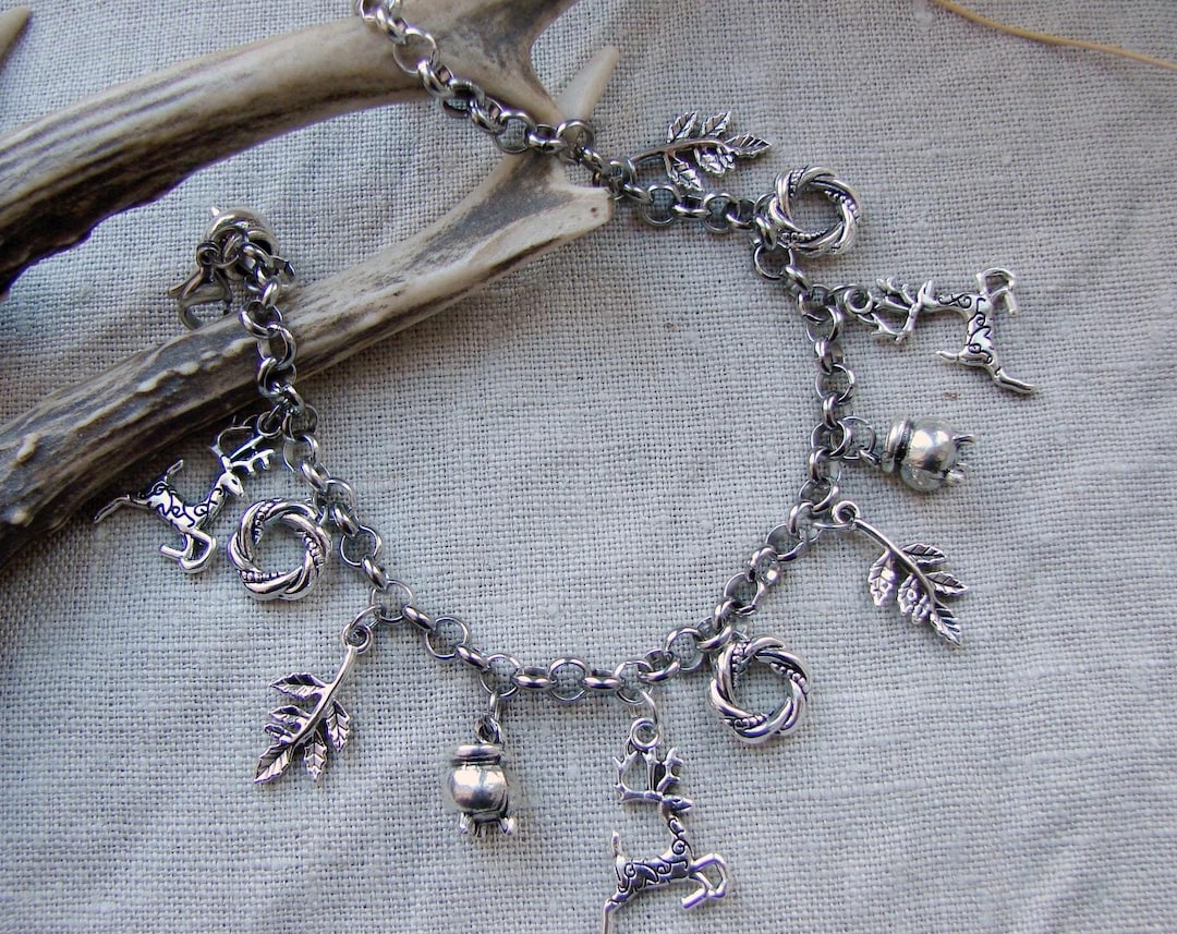 Winter Witch Bracelet With Deer Holly Cauldron and Wreath, Yule Silver ...
