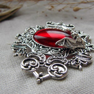 Ruby Red Brooch With Bat, Macabre Glass Silver Filigree Pin, Gothic ...