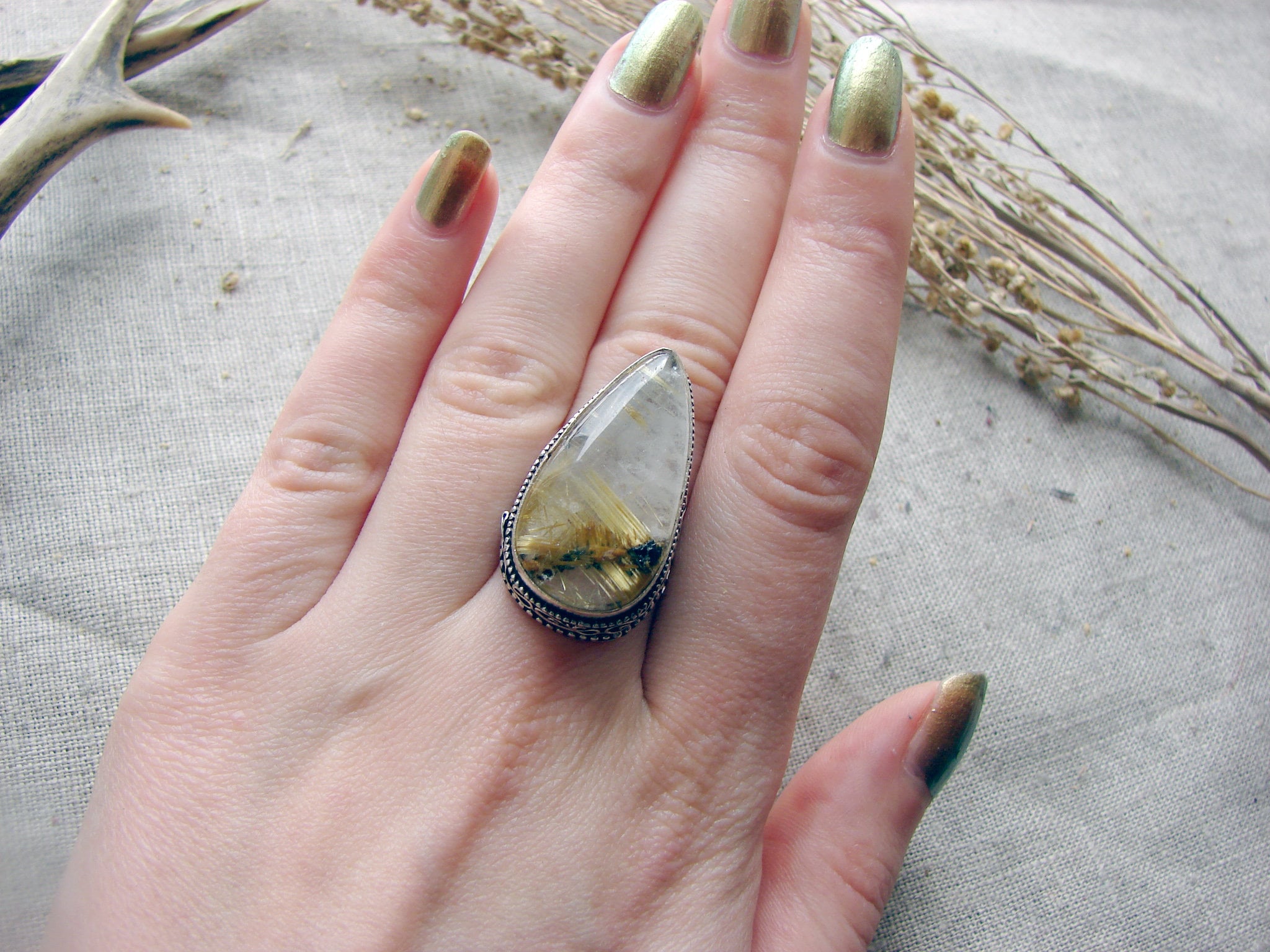 Golden Rutile Big Stone Ring Size 6 3/4 Silver Victorian Venus - Etsy UK