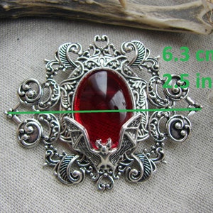 Ruby Red Brooch With Bat, Macabre Glass Silver Filigree Pin, Gothic ...