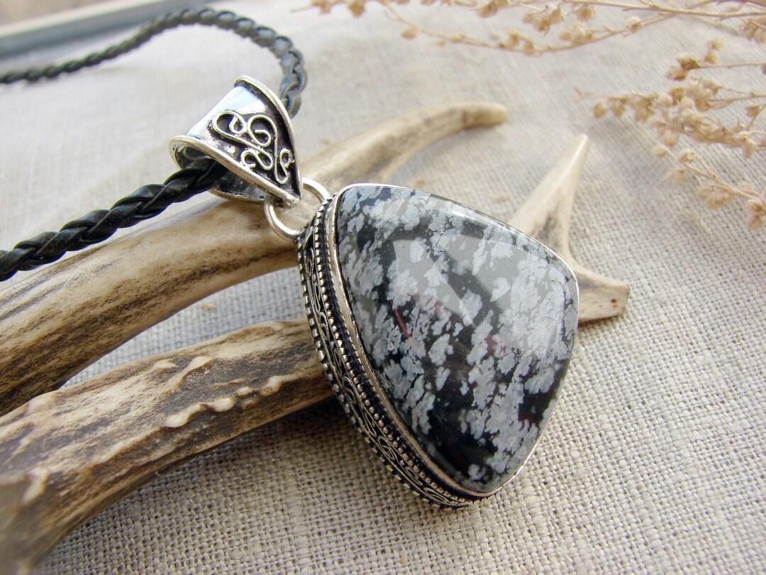 Snowflake Obsidian Pendant, Big Black and White Natural Stone Necklace ...