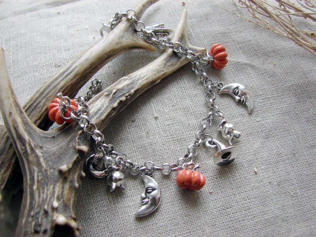Autumn Witch Bracelet With Pumpkin Moon Cauldron and a Hat, Orange ...