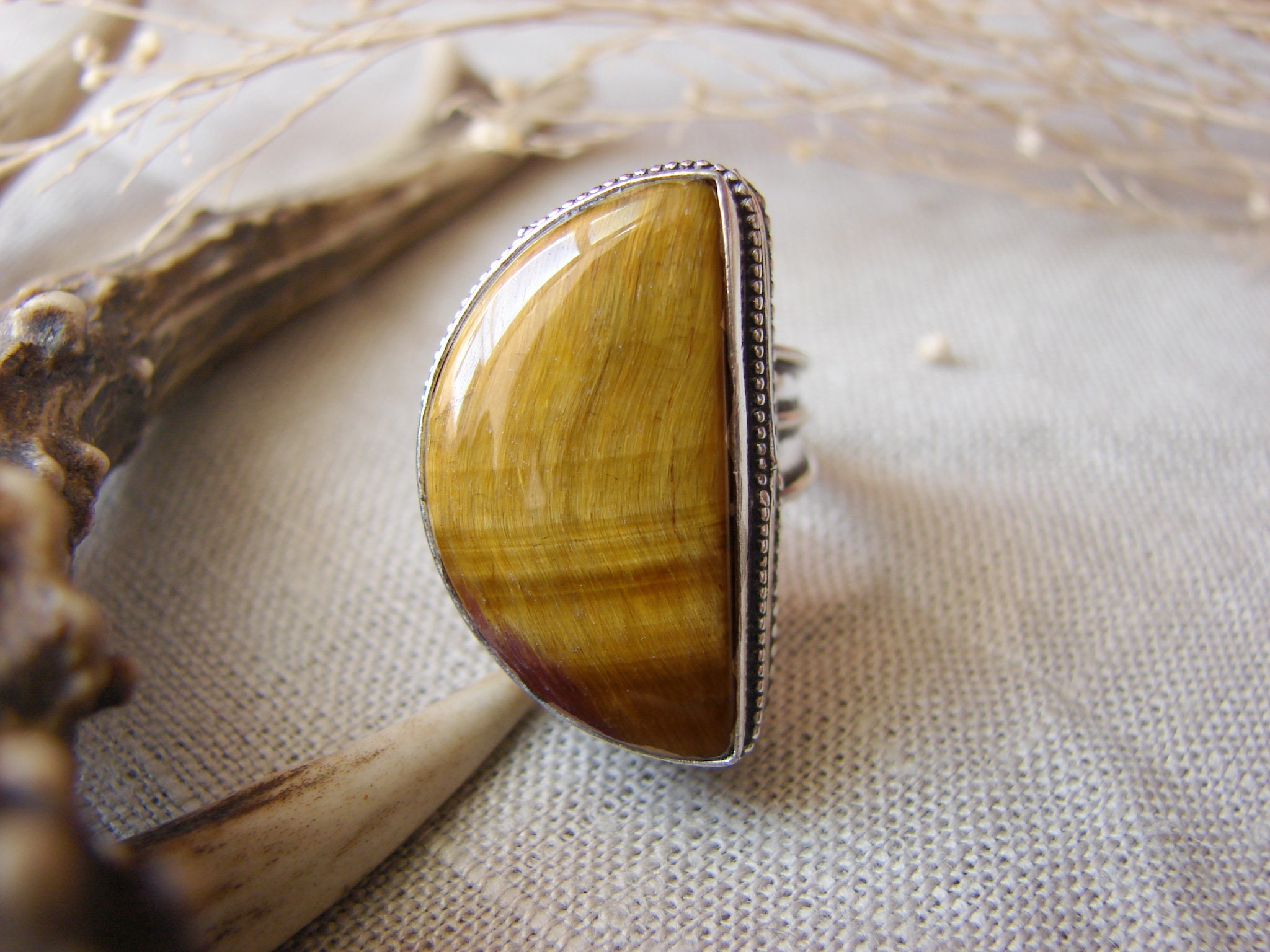 Tiger eye natural stone ring size 8 1/2 big crystal powerful | Etsy