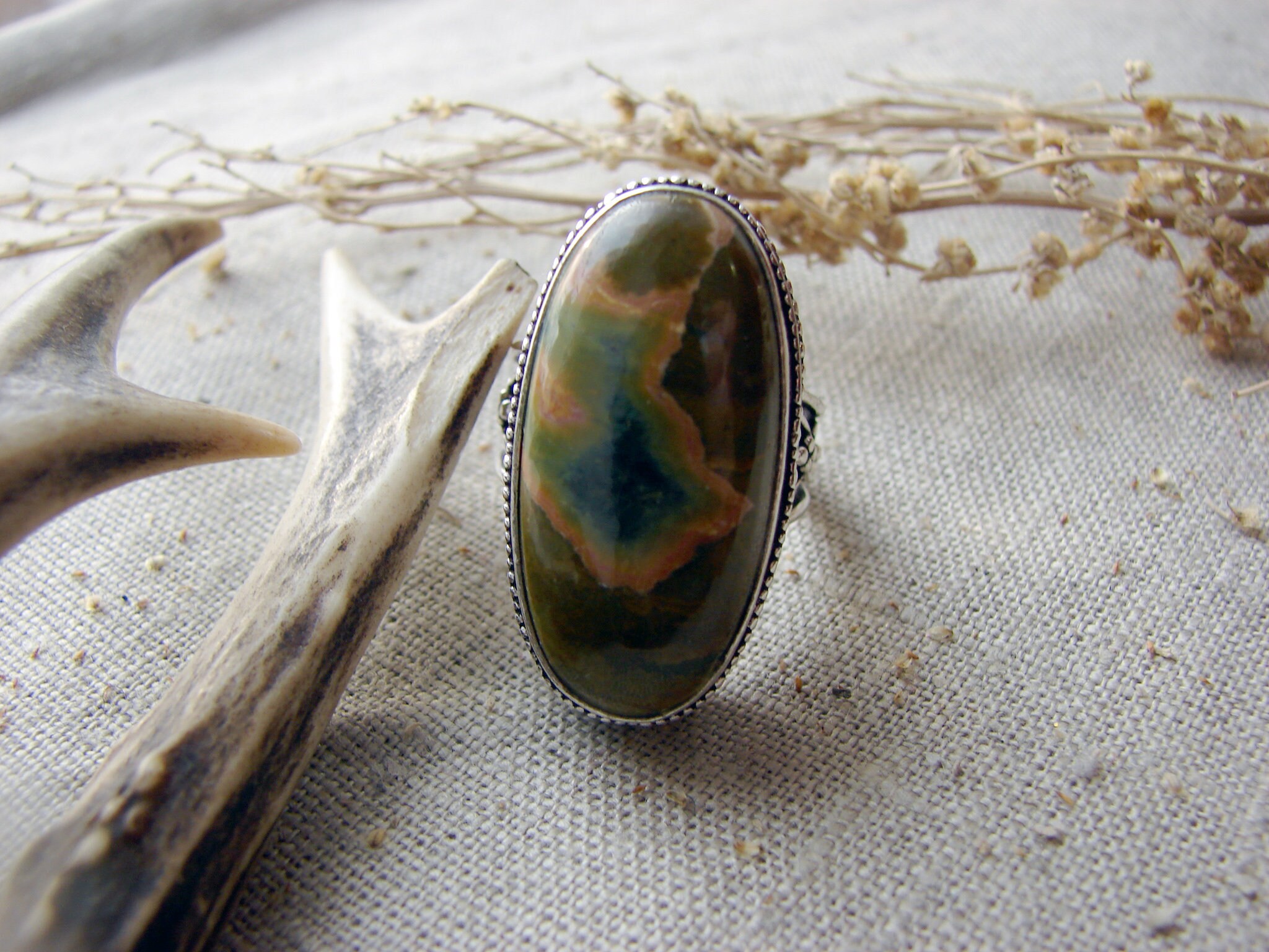 Rhyolite Rainforest Jasper Big Stone Ring Size 8 3/4 Metaphysical Green ...