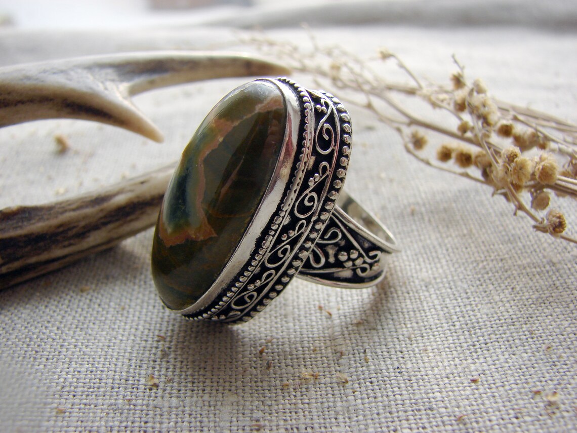 Rhyolite Rainforest Jasper Big Stone Ring Size 8 3/4 Metaphysical Green ...