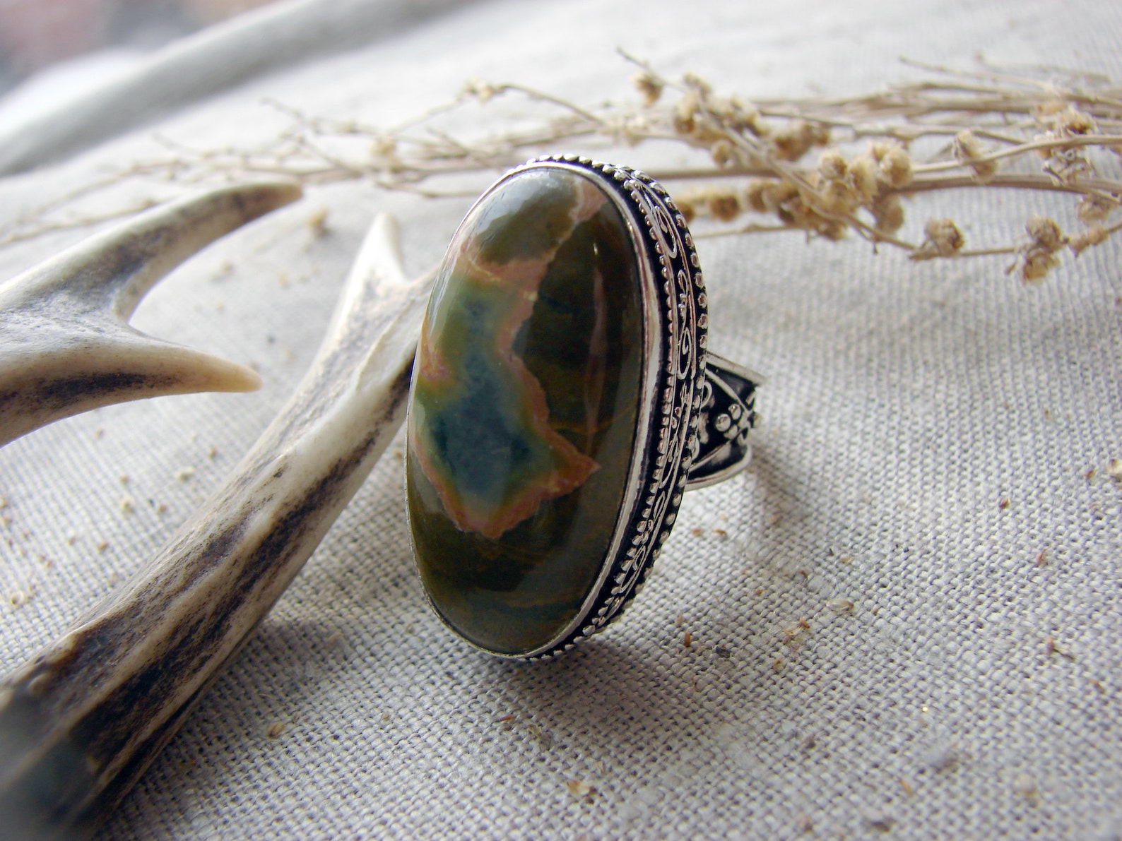 Rhyolite Rainforest Jasper Big Stone Ring Size 8 3/4 | Etsy