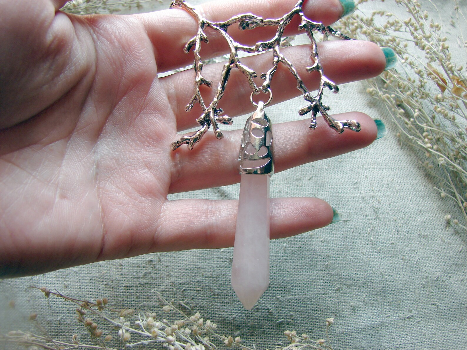 Pink rose quartz branches necklace witch pendant fantasy | Etsy