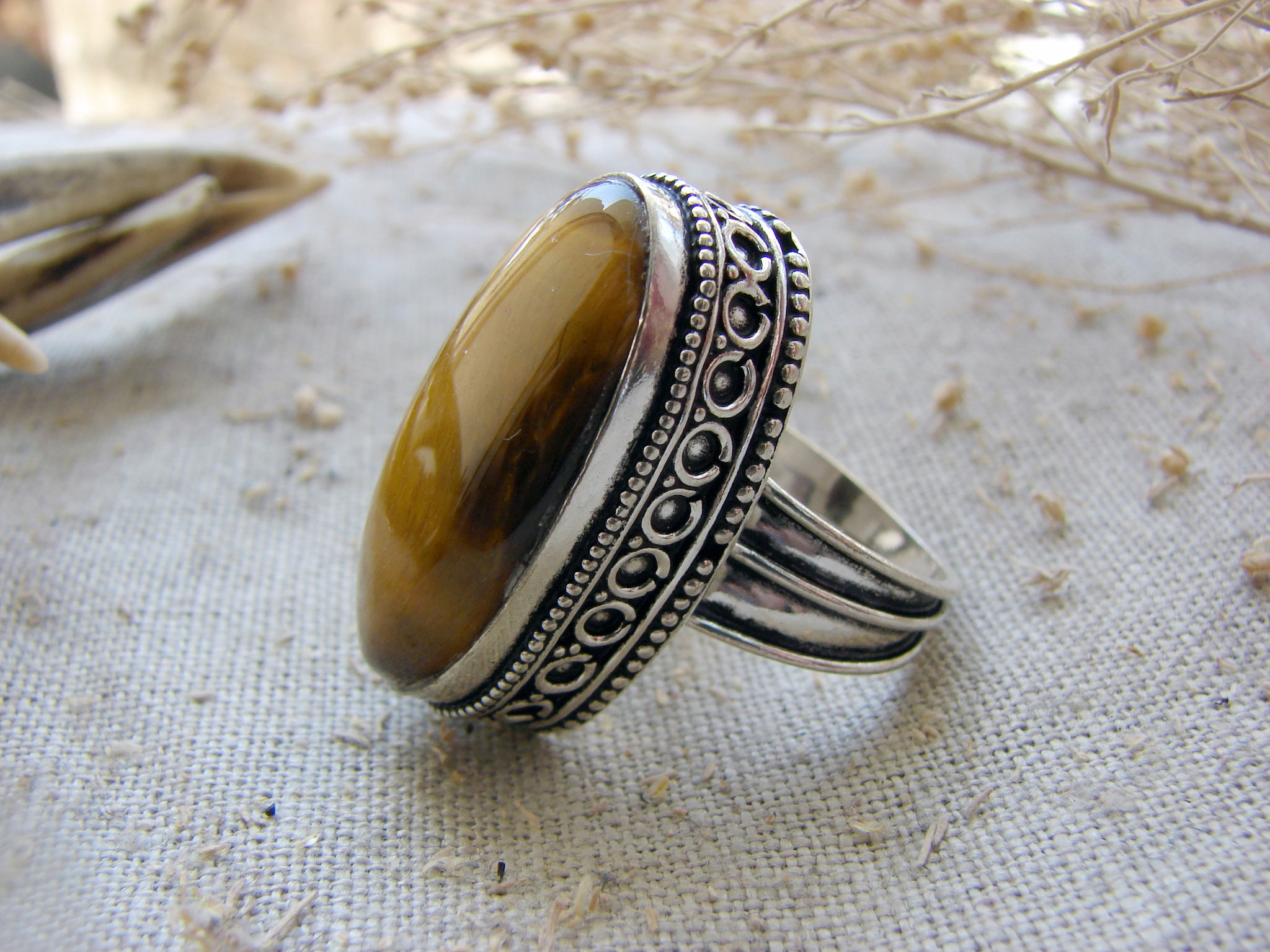 Tiger eye natural stone ring size 8 1/4 big crystal powerful | Etsy