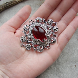 Ruby Red Brooch With Bat, Macabre Glass Silver Filigree Pin, Gothic ...