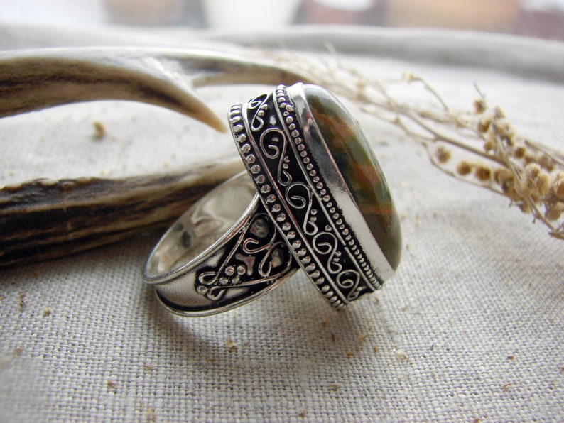 Rhyolite Rainforest Jasper Big Stone Ring Size 8 3/4 Metaphysical Green ...