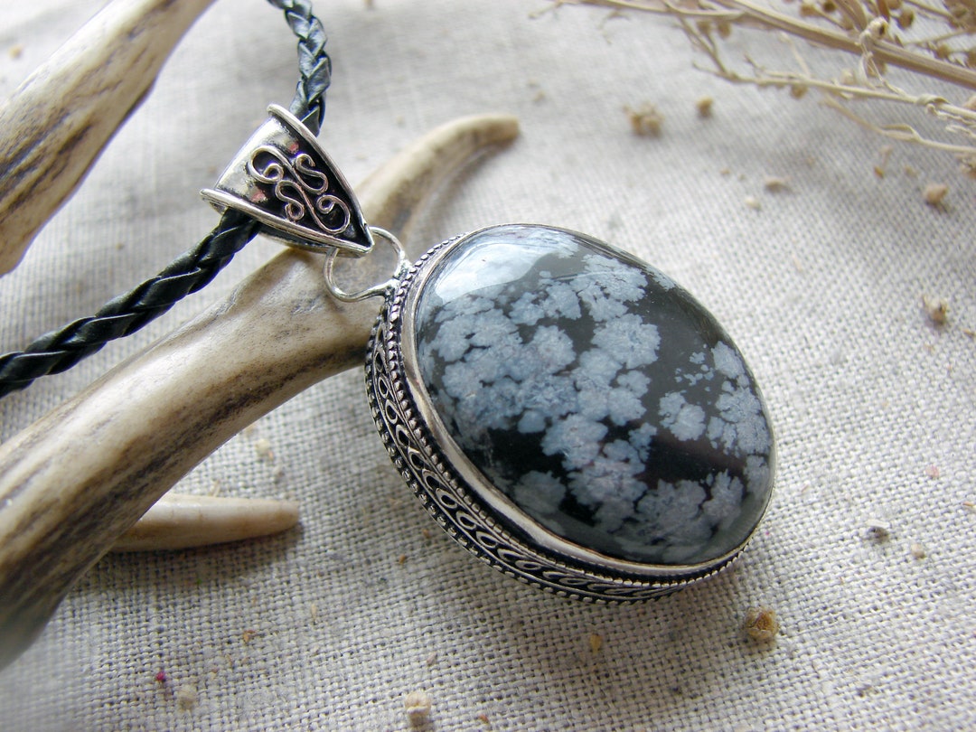 Snowflake Obsidian Pendant, Big Black and White Natural Stone Necklace ...
