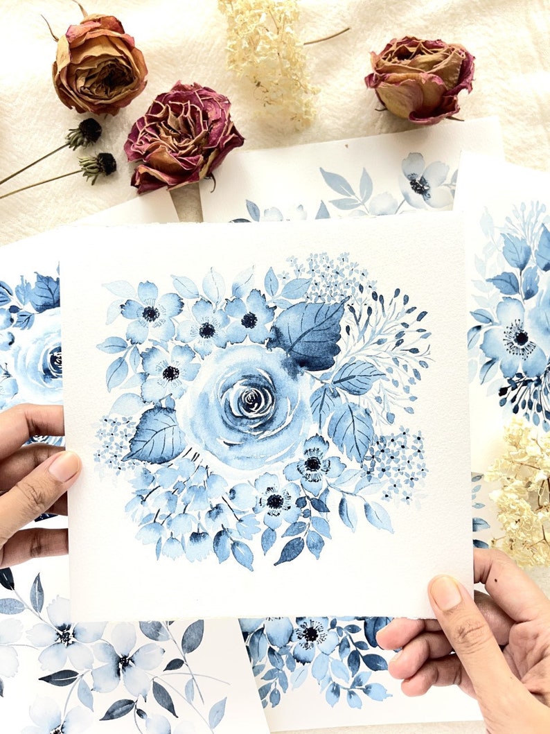 Indigo Watercolor Florals Watercolor Painting Original Art - Etsy