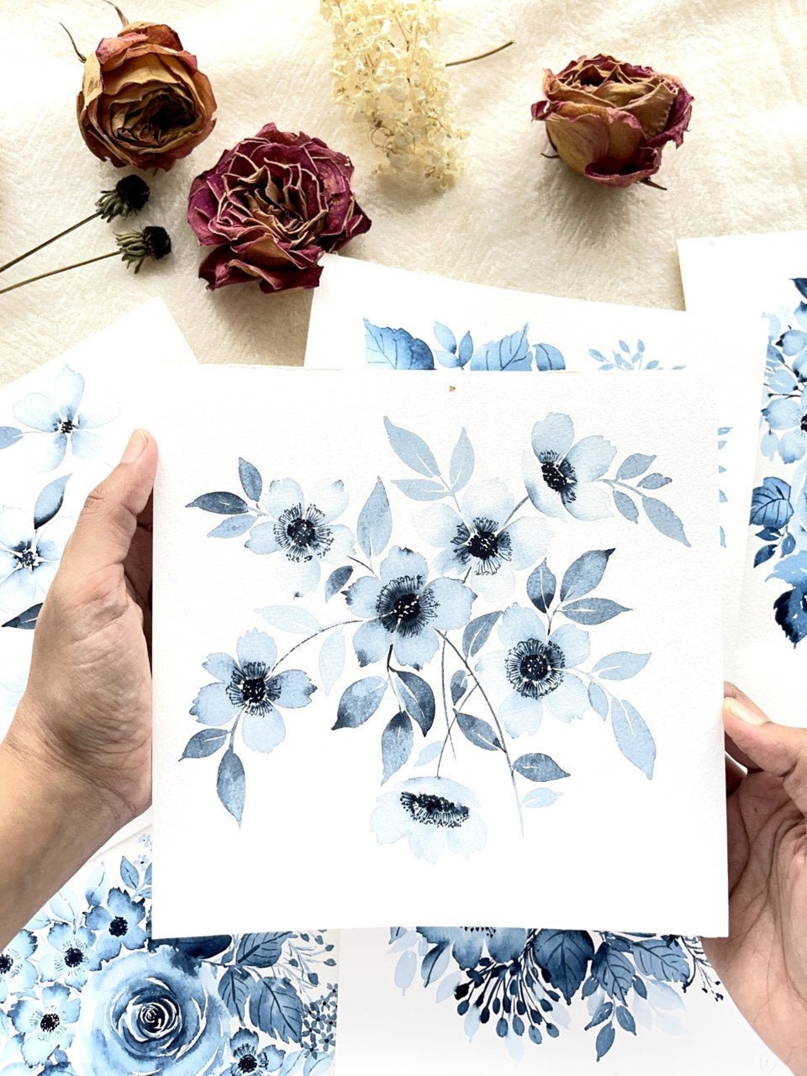 Indigo Watercolor Florals Watercolor Painting Original Art - Etsy