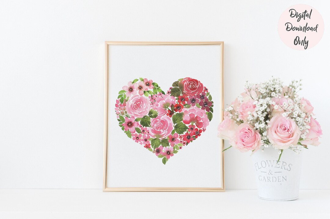 Watercolor Floral Heart Digital Download, Valentine's Day Gift for Her ...
