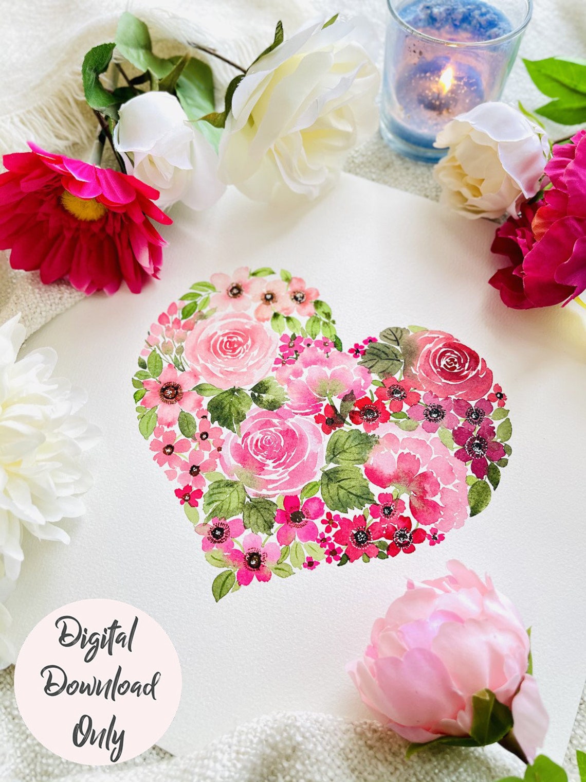 Watercolor Floral Heart Digital Download, Valentine's Day Gift for Her ...