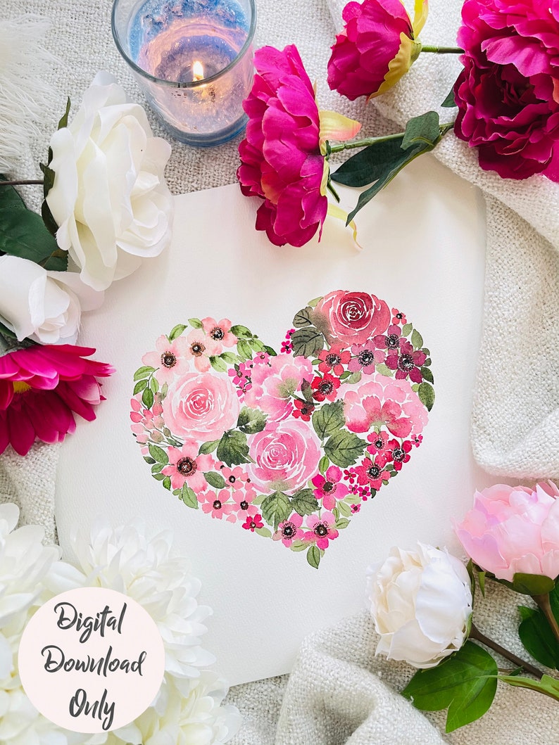 Watercolor Floral Heart Digital Download, Valentine's Day Gift for Her ...