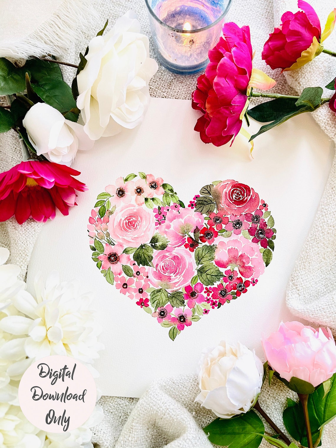 Watercolor Floral Heart Digital Download, Valentine's Day Gift for Her ...