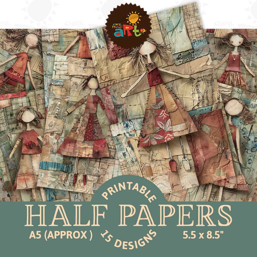 Junk Journal Half Paper, Whimsical Textile Girl Paper Doll Background ...