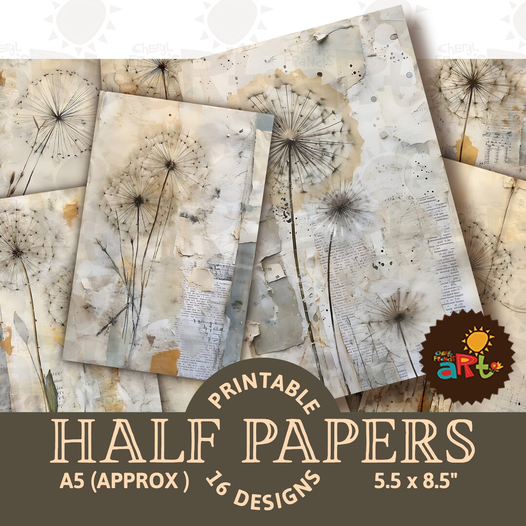 Dandelion Puff Collage Printable Junk Journal Half Paper, Scrapbook ...