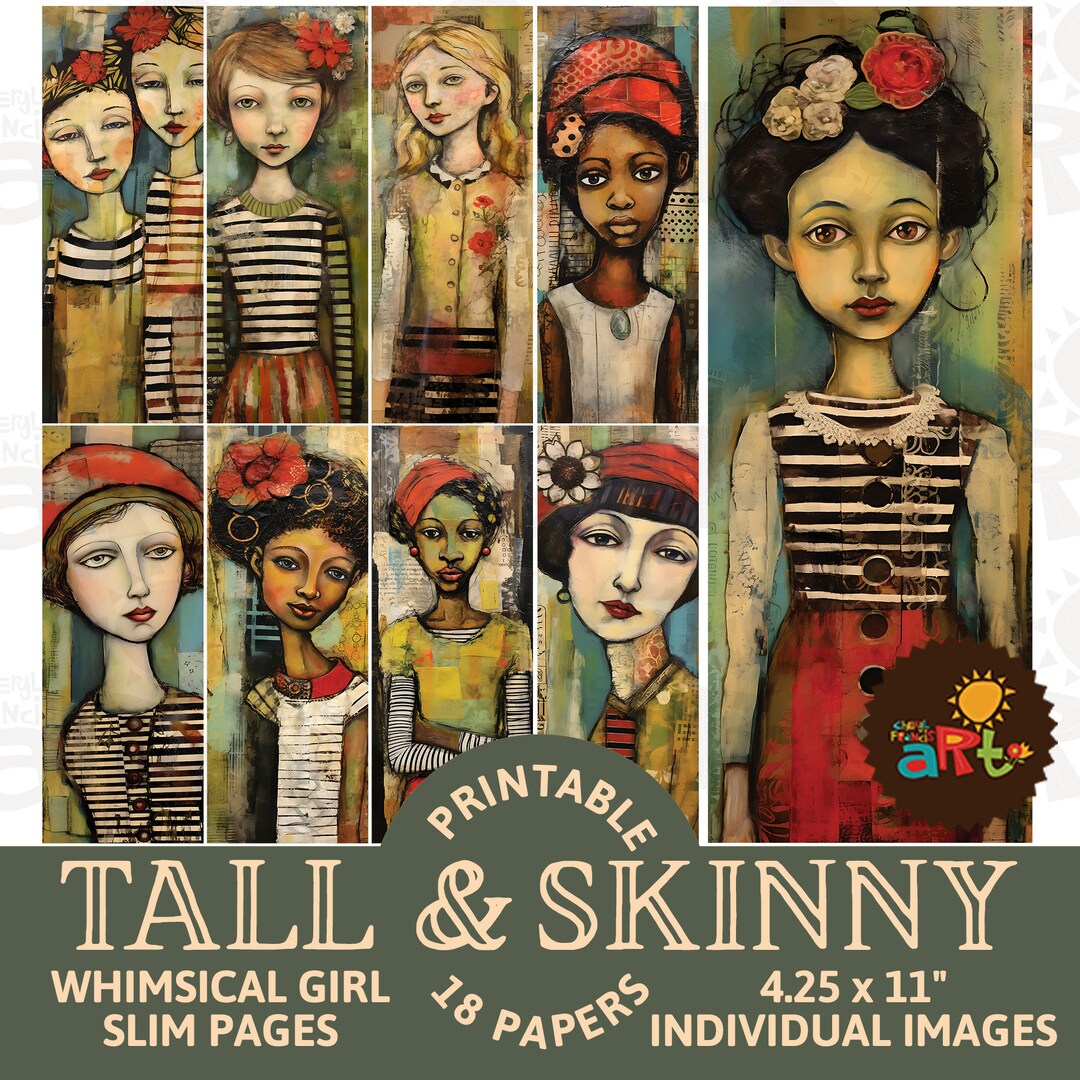 Whimsical Painted Girls in Stripes Printable Tall Slim Junk Journal ...