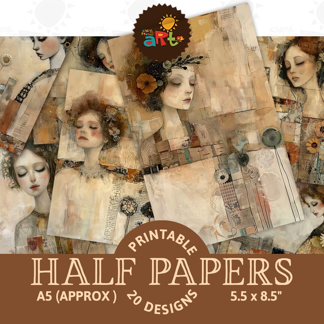 Muted Color Illustrated Scrap Girl Junk Journal Half Page Printable ...