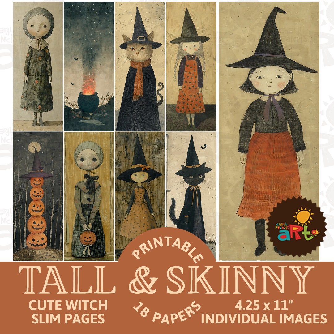 Witchy Folk Art Portrait Girl Cat Scenes Printable Tall Slim Junk ...