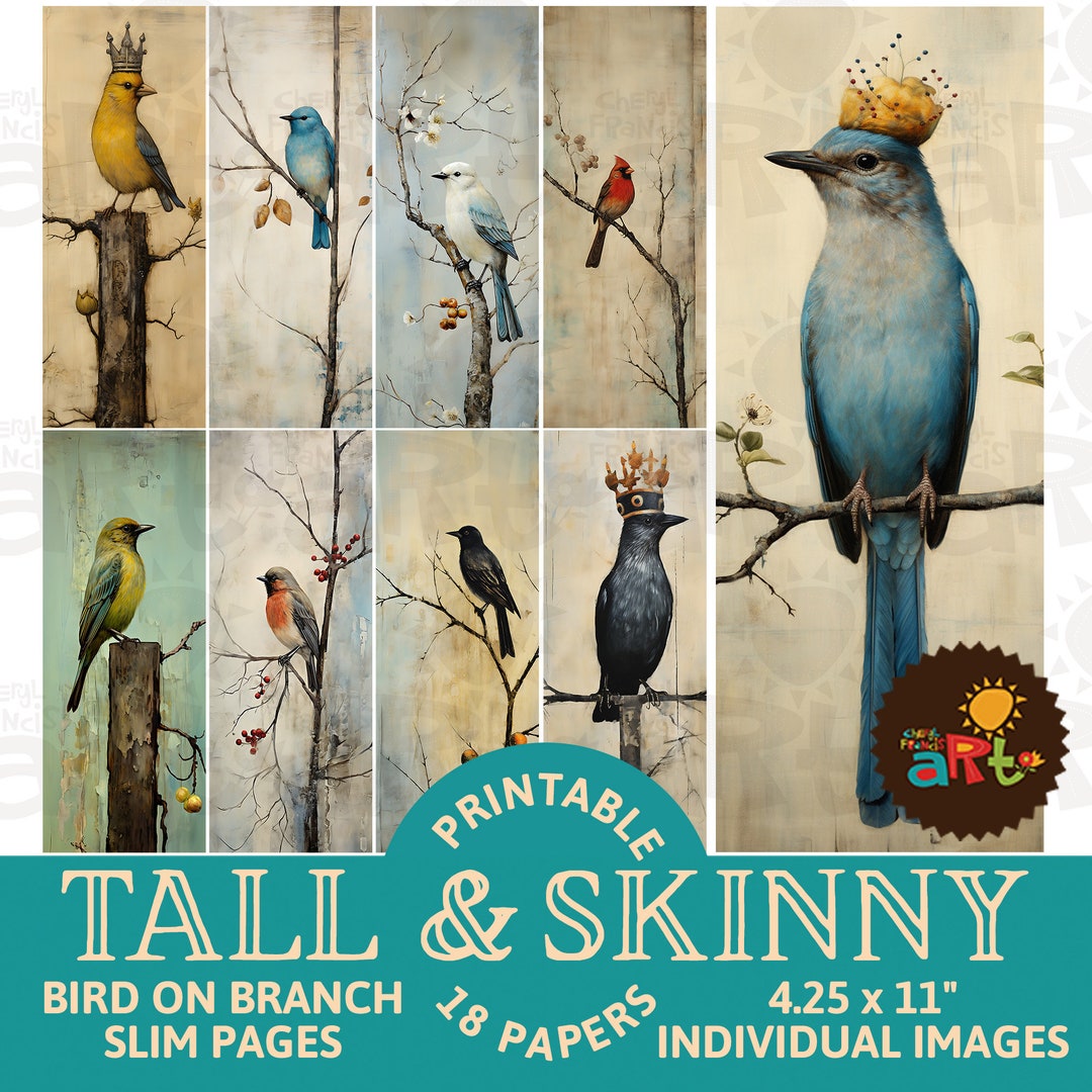 Painted Bird on Branch, Five Crowns Printable Tall Slim Junk Journal ...