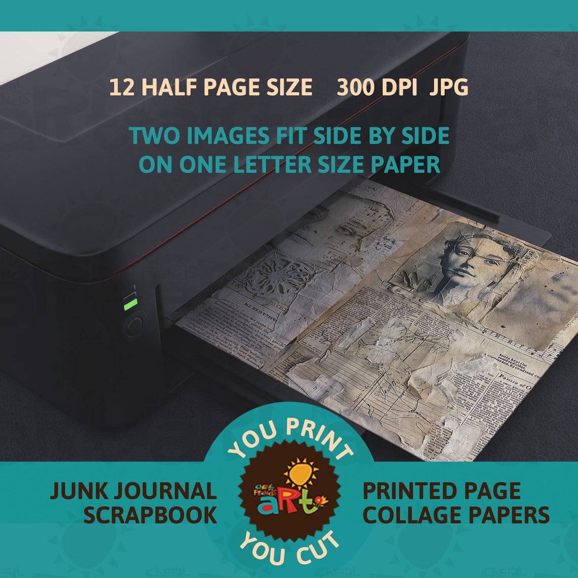 Printed Page Ephemera Collage With Portrait Printable Junk Journal Half ...