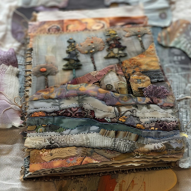 Fiber Art Stitched Hillside With House Printable Junk Journal Half ...