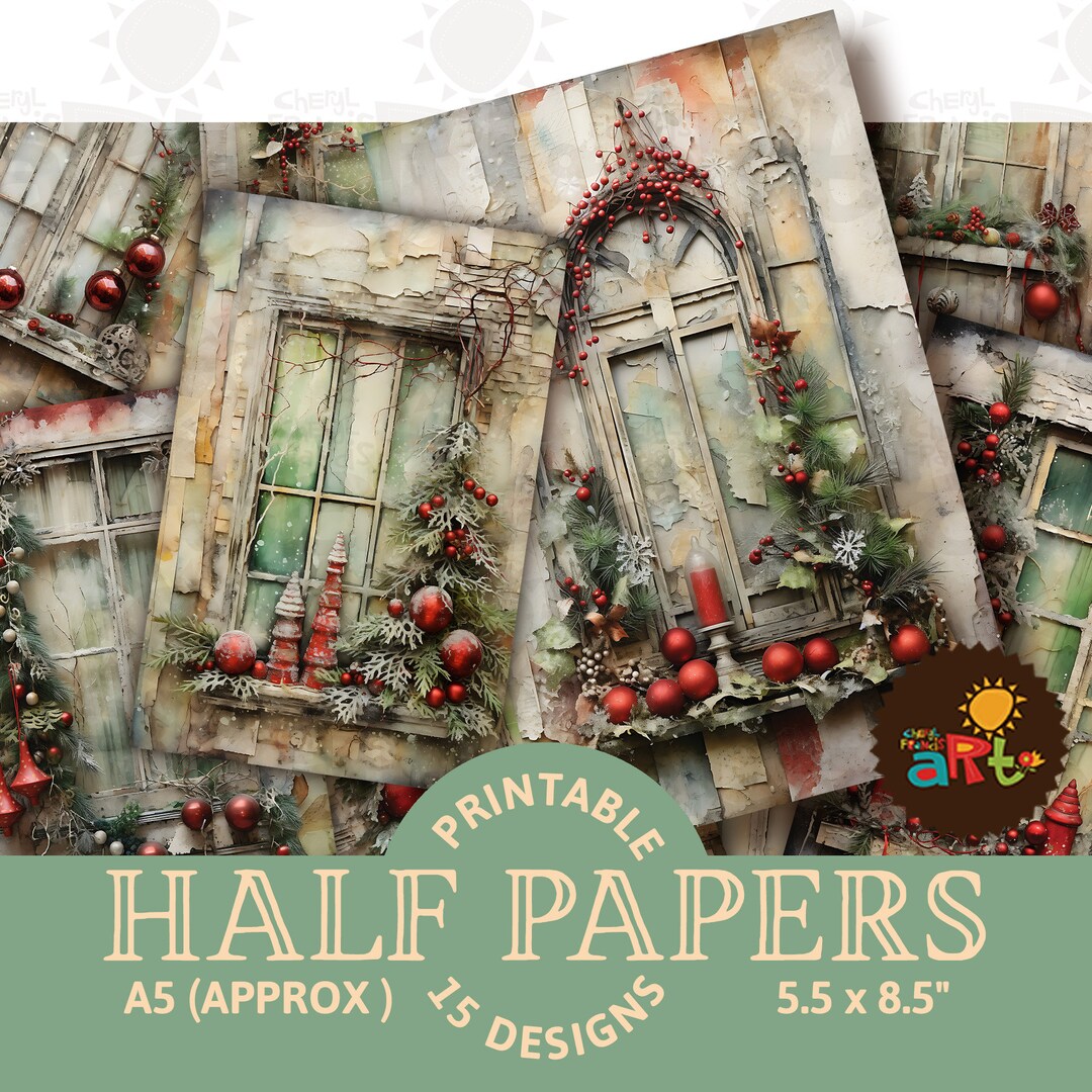 Rustic Christmas Farmhouse Window, Printable Junk Journal Half Papers ...