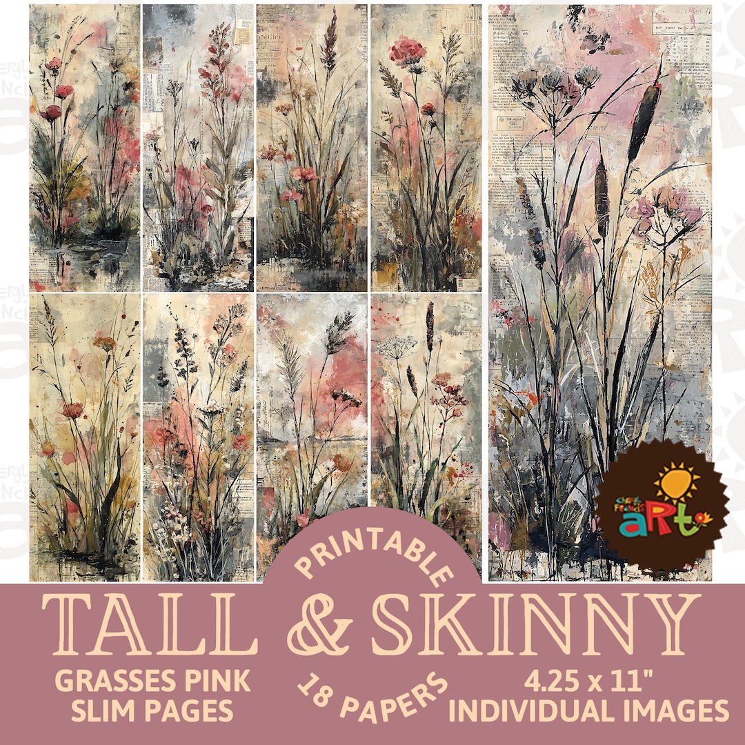 Wild Grasses With Pink Printable Tall Slim Junk Journal Paper for ...