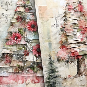 Mixed Media Pink Floral Christmas Trees Mixed Textiles Paper Collage ...