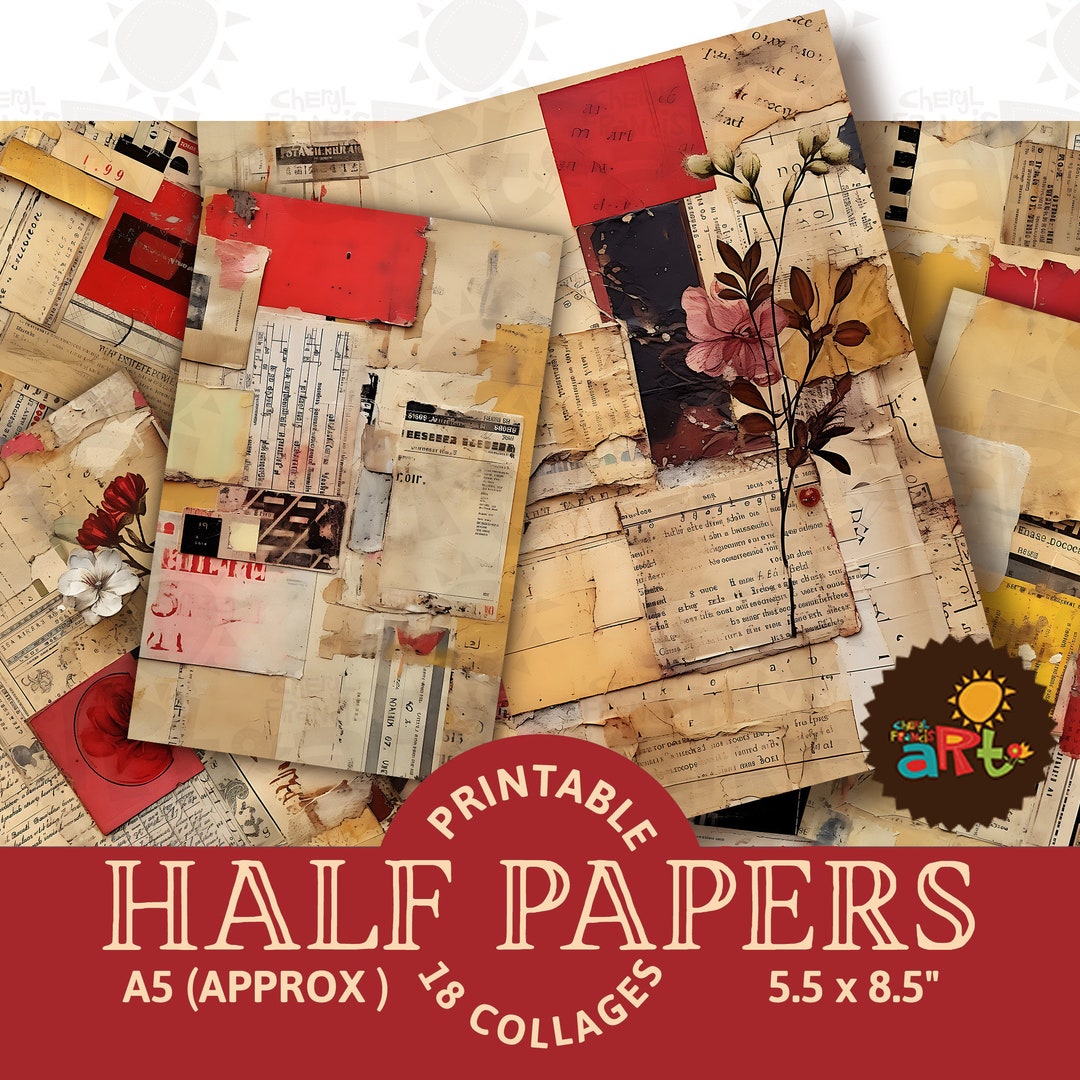 Vintage Paper Collage With Red Accents Printable Junk Journal Half ...