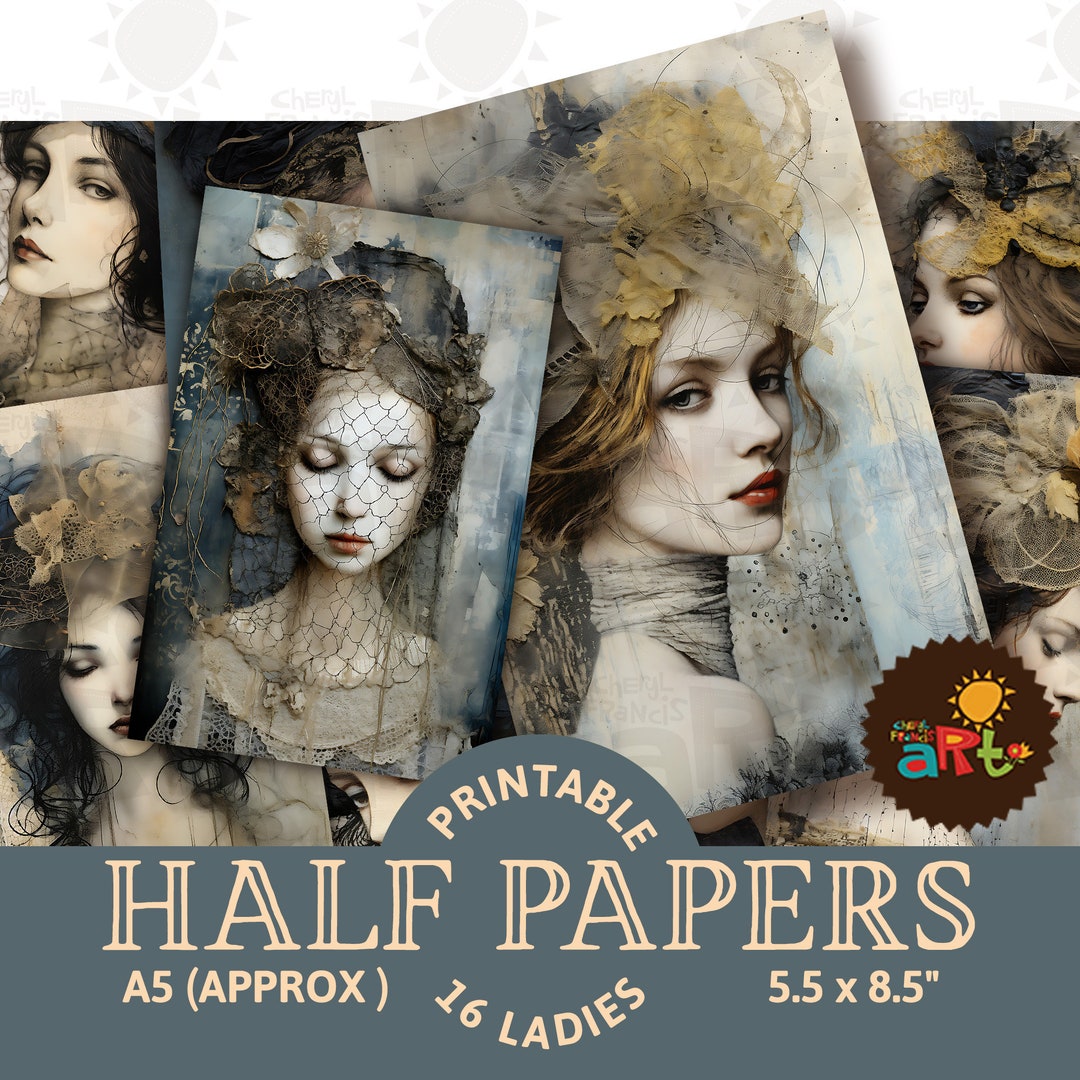Textile Collage Portrait of a Lady Printable Junk Journal Half Paper ...