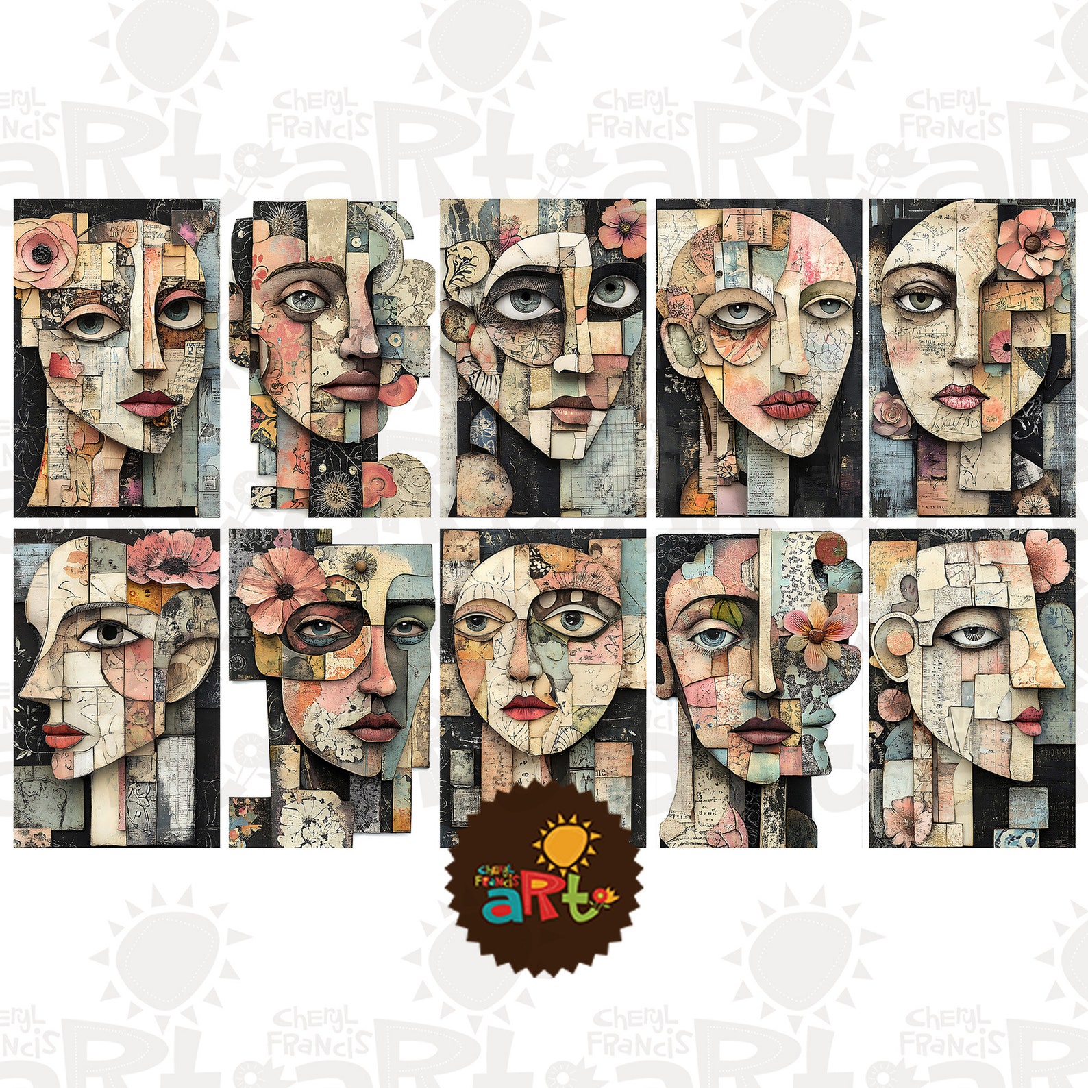 Mixed up Abstract Face Assemblage Portrait Printable Ephemera Collage ...