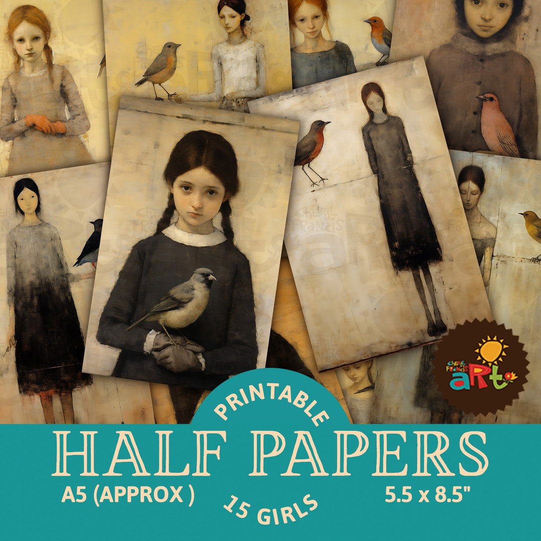 Bird and Girl Portrait Paper Collage Printable Junk Journal Half Papers ...