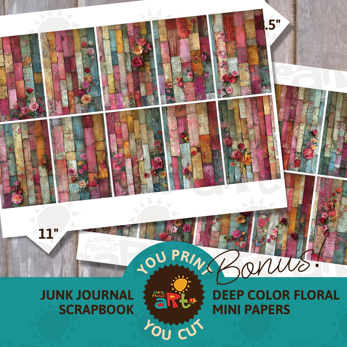 Printable Junk Journal Half Papers, Deep Colors Vertical Floral Collage ...