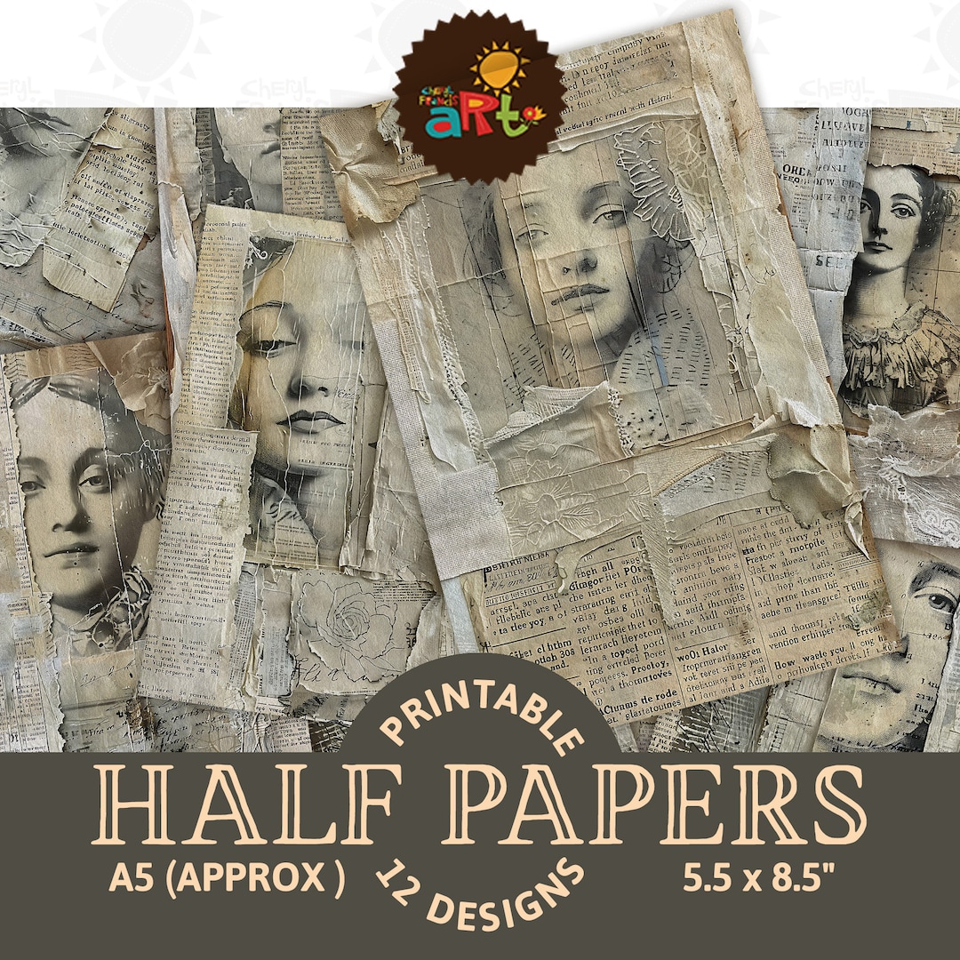 Printed Page Ephemera Collage With Portrait Printable Junk Journal Half ...