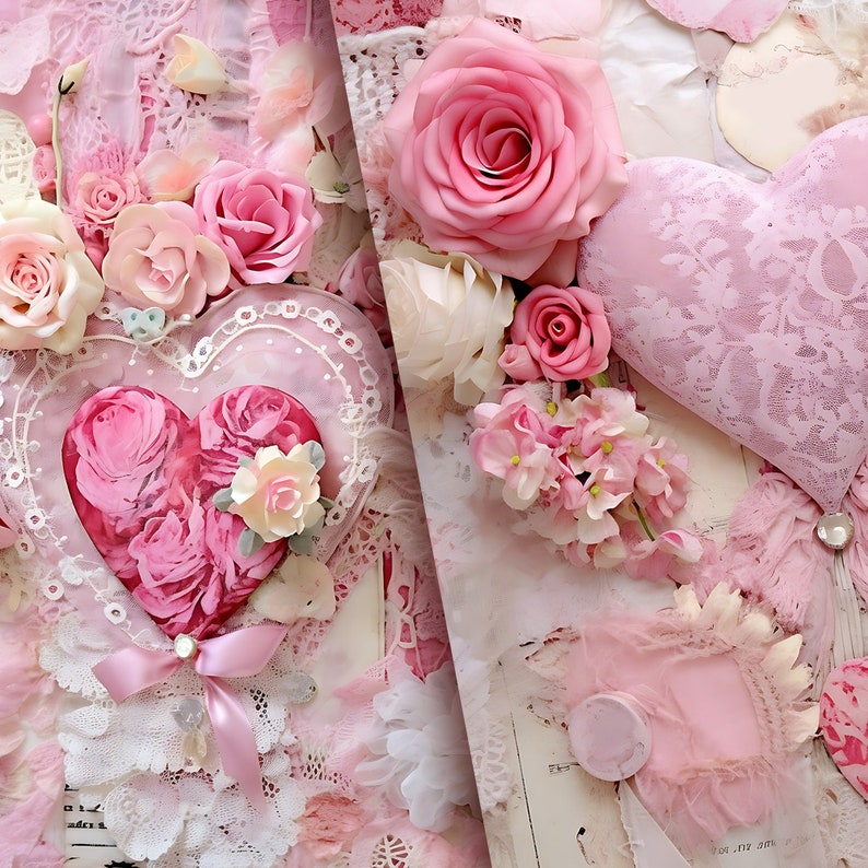 Frilly Pink Valentine Collage Printable Junk Journal Half Papers ...