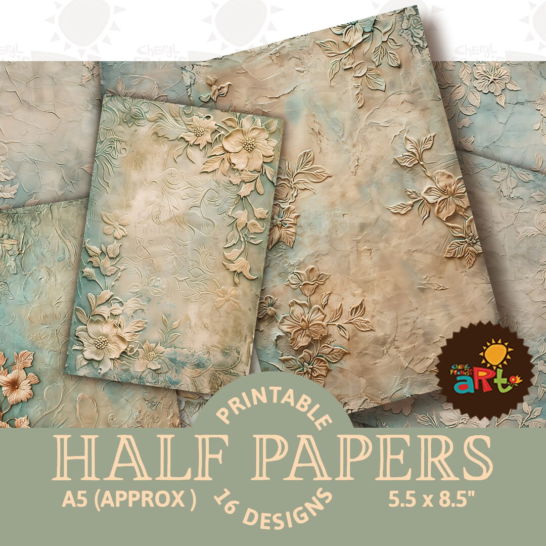 Faux Emboss Floral Teal and Beige Printable Junk Journal Half Paper ...