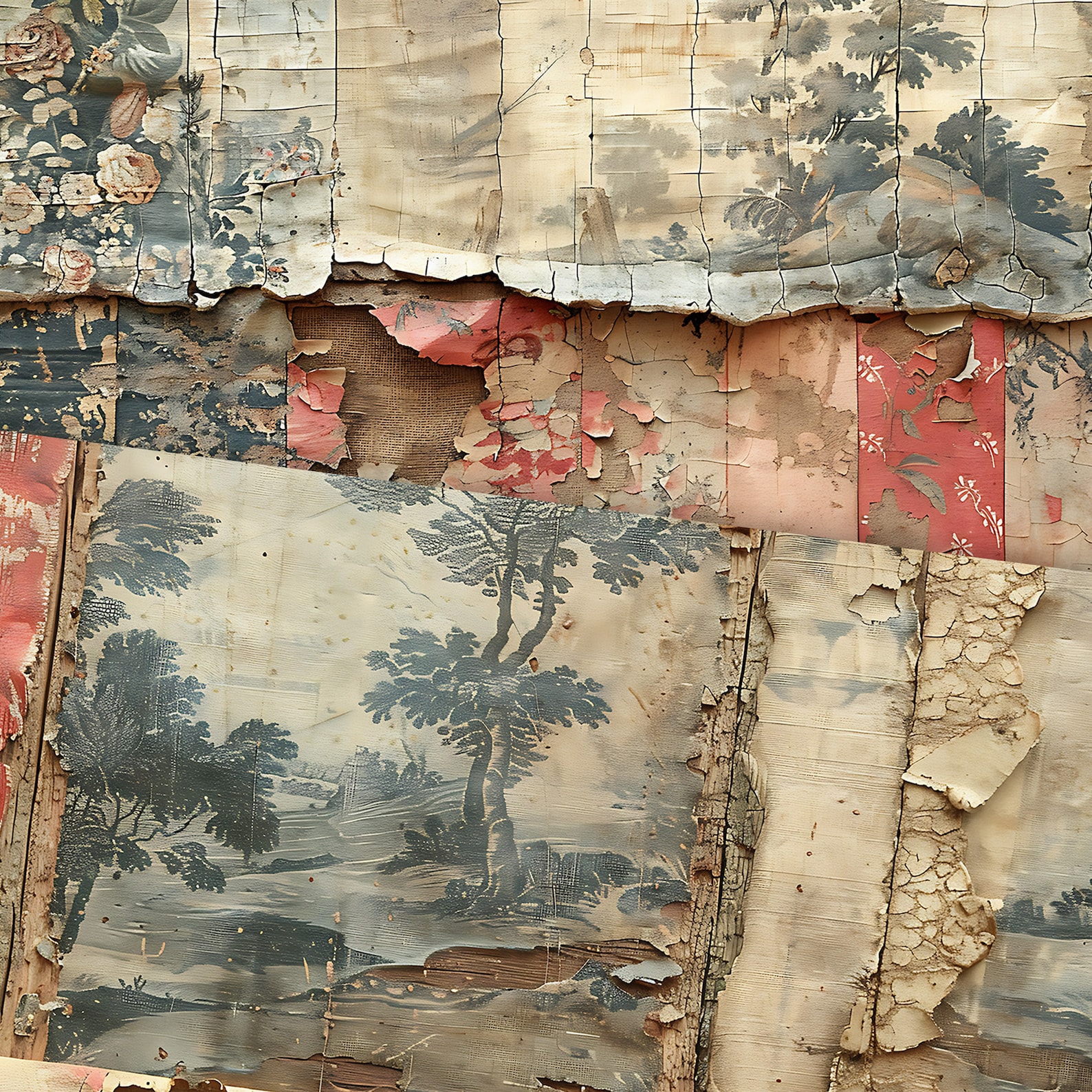 Torn Paper Tapestry Wallpaper Collage Printable Junk Journal Horizontal ...