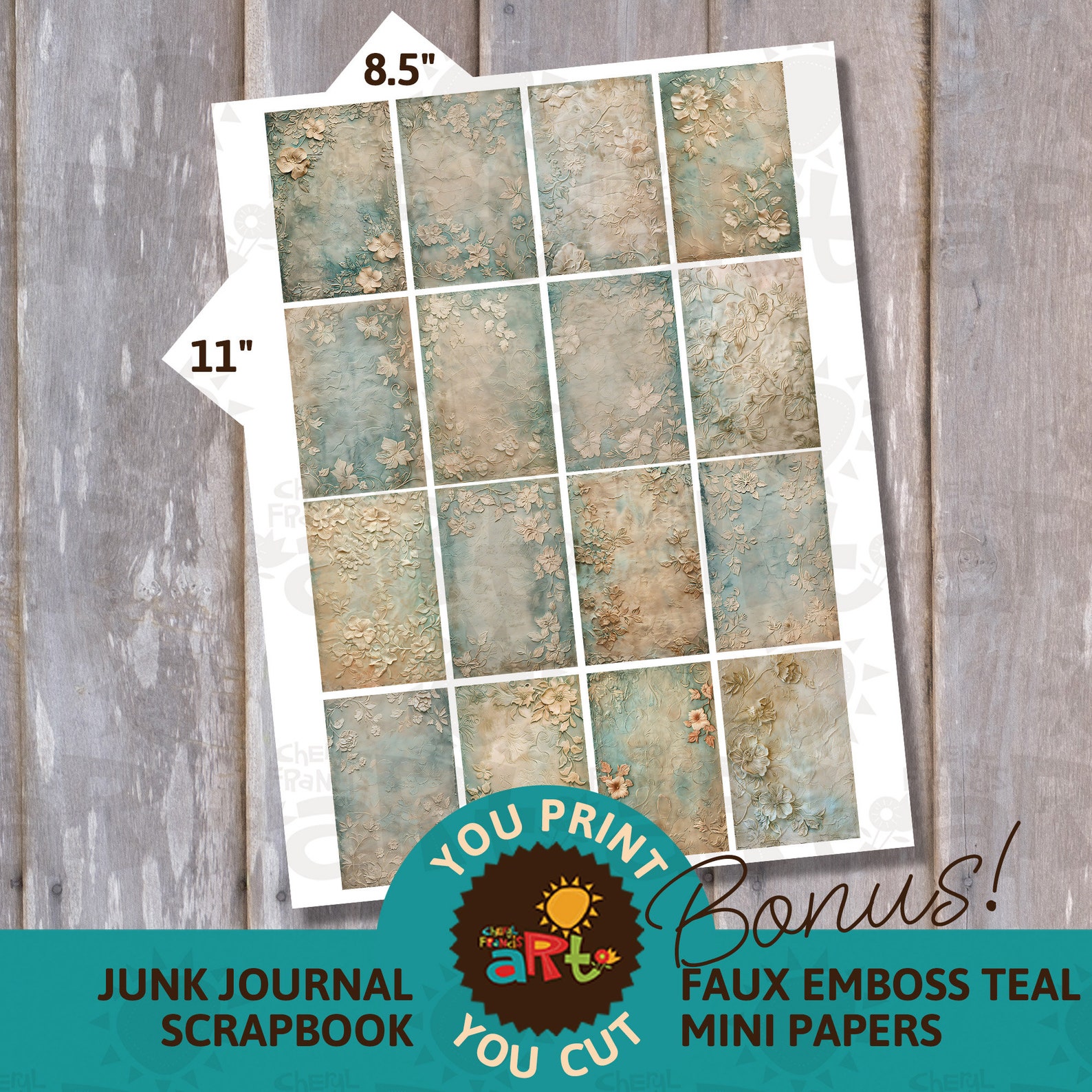 Faux Emboss Floral Teal and Beige Printable Junk Journal Half Paper ...
