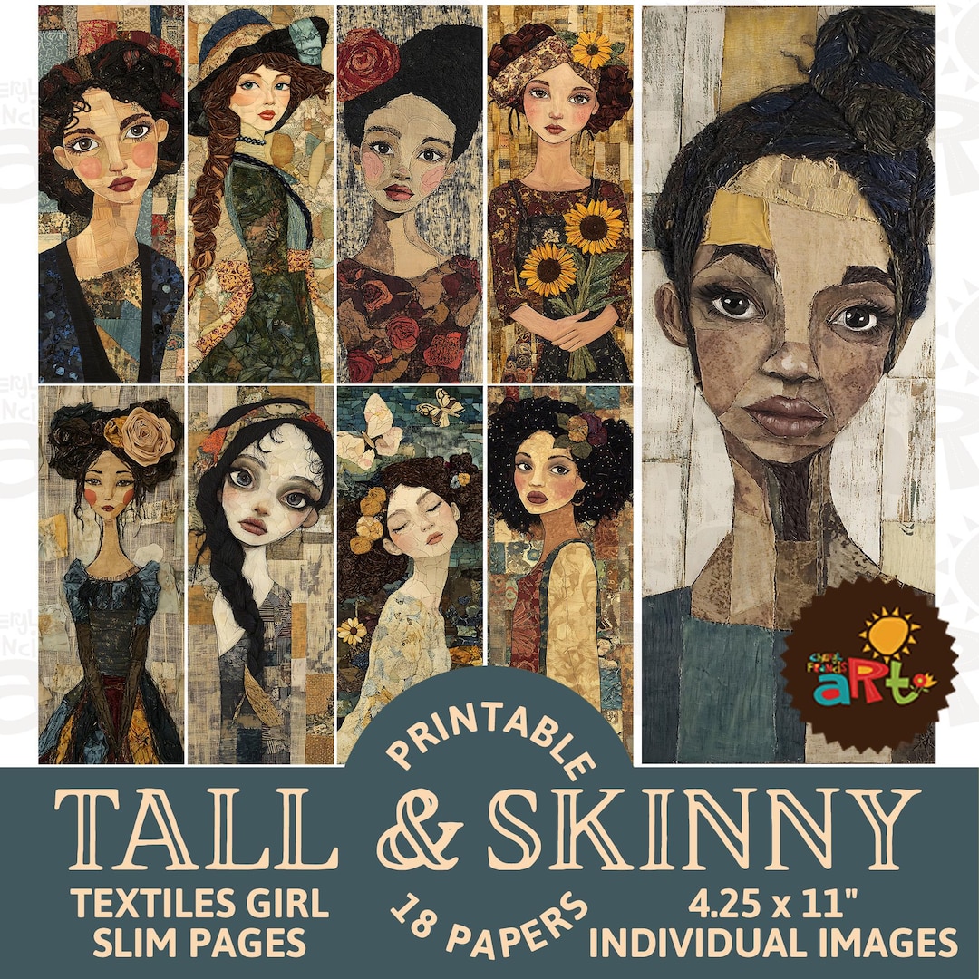 Textile Girl Portrait Art Printable Tall Slim Junk Journal Papers Book ...